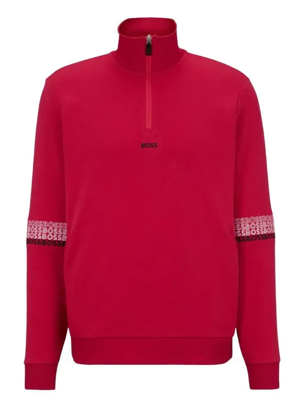 Hugo Boss Boss Zip Neck Sweatshirt With Logo Detail - Red