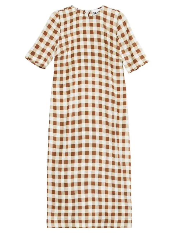 GANNI Checked Dress With Short Sleeves - Nude