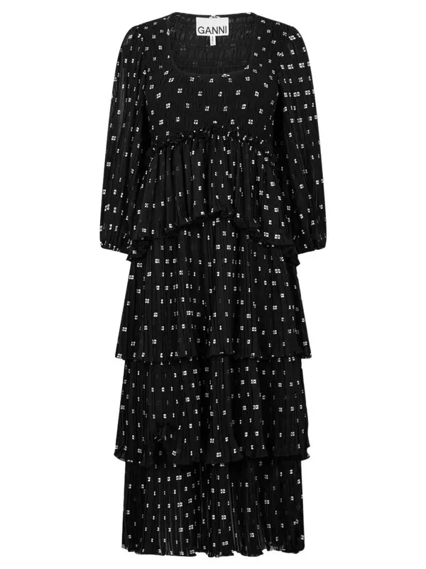 GANNI Printed Tiered Midi Dress - Black