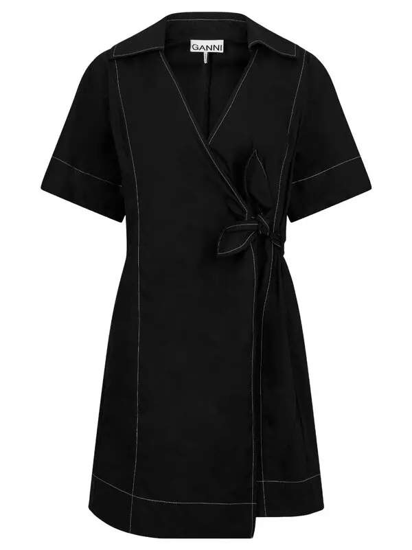 GANNI Mini Wrap Dress With Contrast Stitching - Black