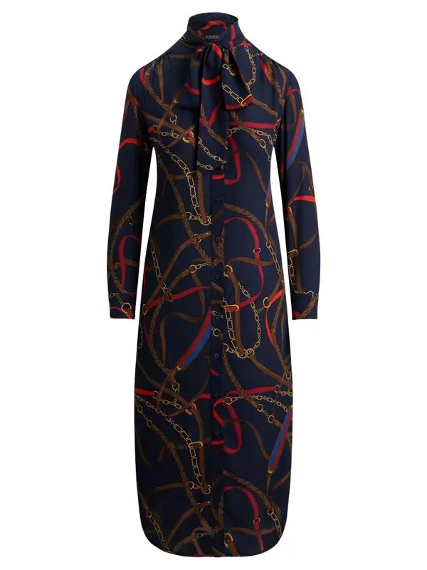 Ralph Lauren Long Sleeve Midi Shirt Dress With Equestrian Print And Tie Neck - Black