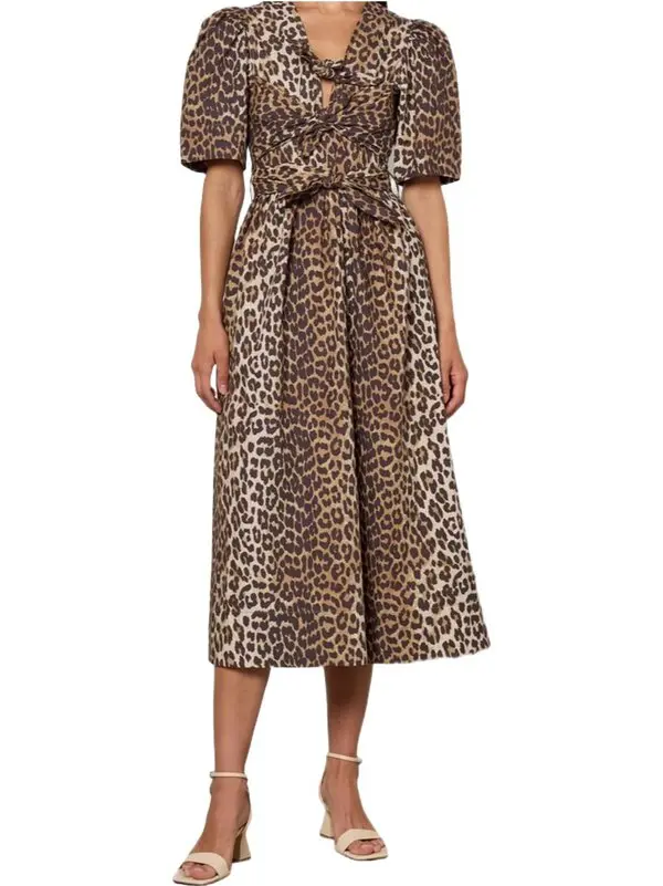 GANNI Leopard Print Short Sleeve Midi Dress With Tie Waist - Brown