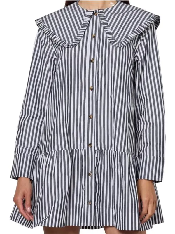 GANNI Long-sleeved Striped Shirt Dress With Ruffled Collar - Gray