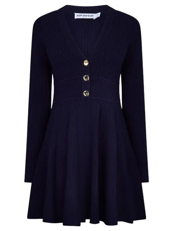 SELF-PORTRAIT Long-sleeved Button-down Openwork Mini Dress - Black