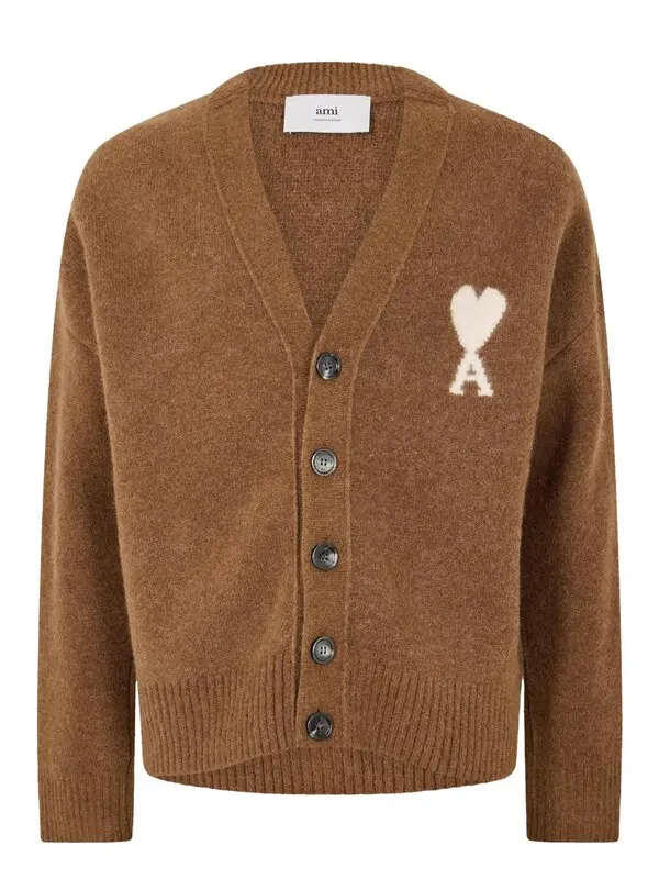 AMI Paris Heart A Jacquard Knit Cardigan - Brown