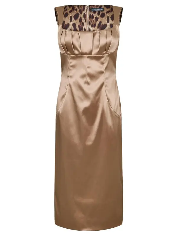 Dolce & Gabbana Sleeveless Leopard Print Detail Ruched Midi Dress - Brown