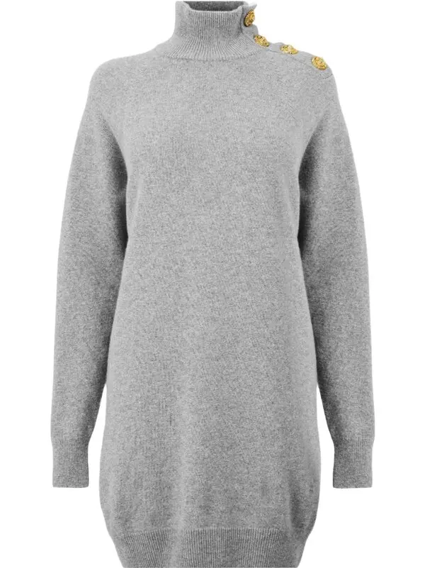 Balmain Knit Turtleneck Mini Dress With Button Detail - Gray