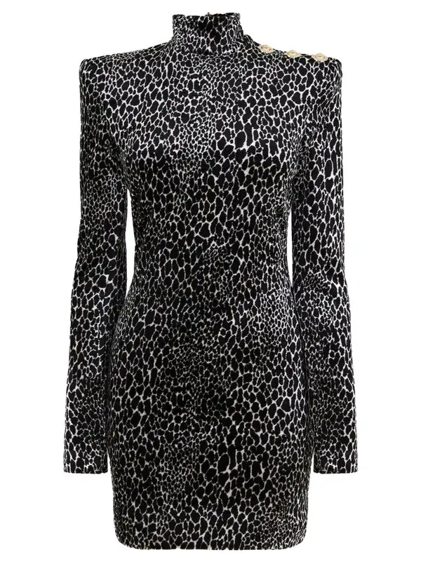 Balmain Leopard Print High Neck Mini Dress - Black