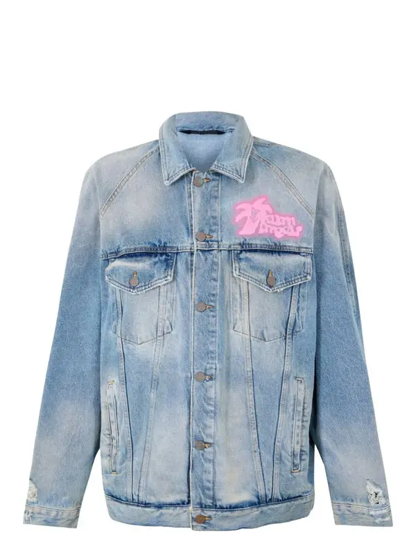 Palm Angels Single-breasted Denim Jacket With Pink Print - Gray