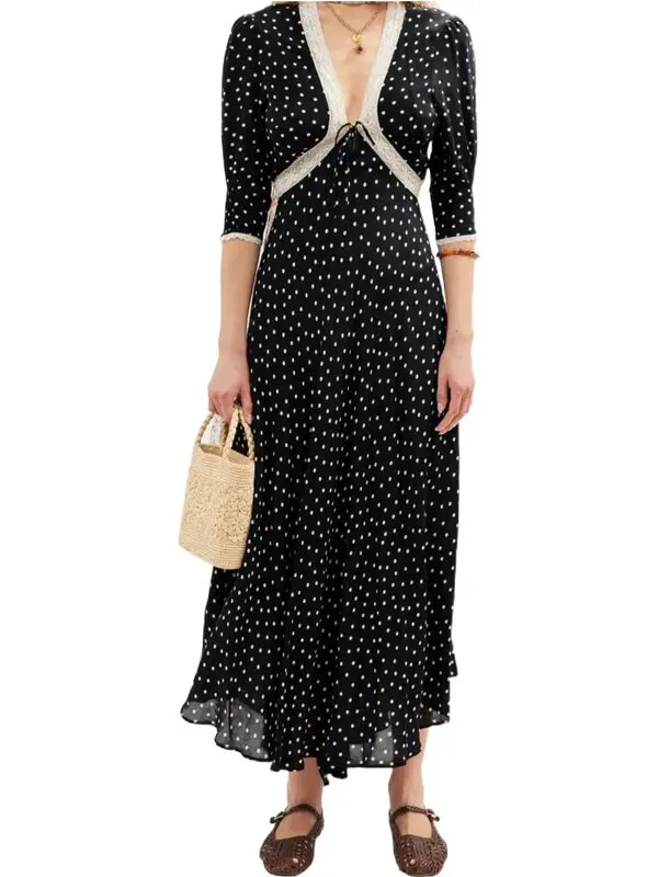 Rixo Amina Polka Dot Dress With Lace Trim - Black
