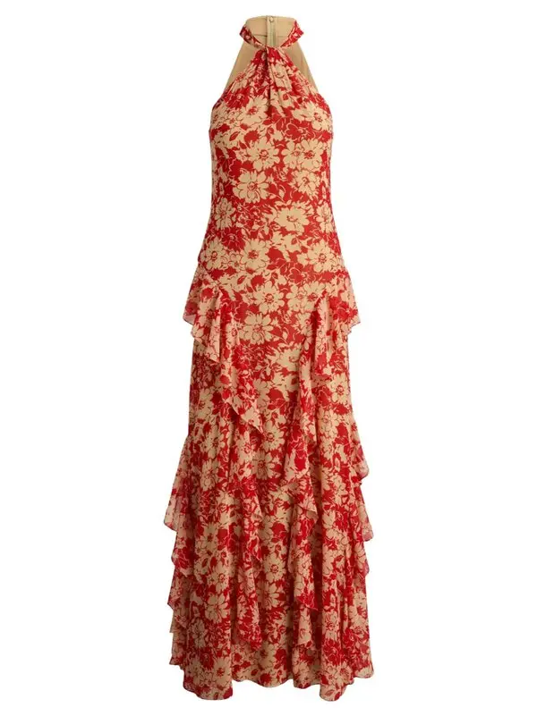Ralph Lauren Halterneck Floral Print Tiered Gown - Red