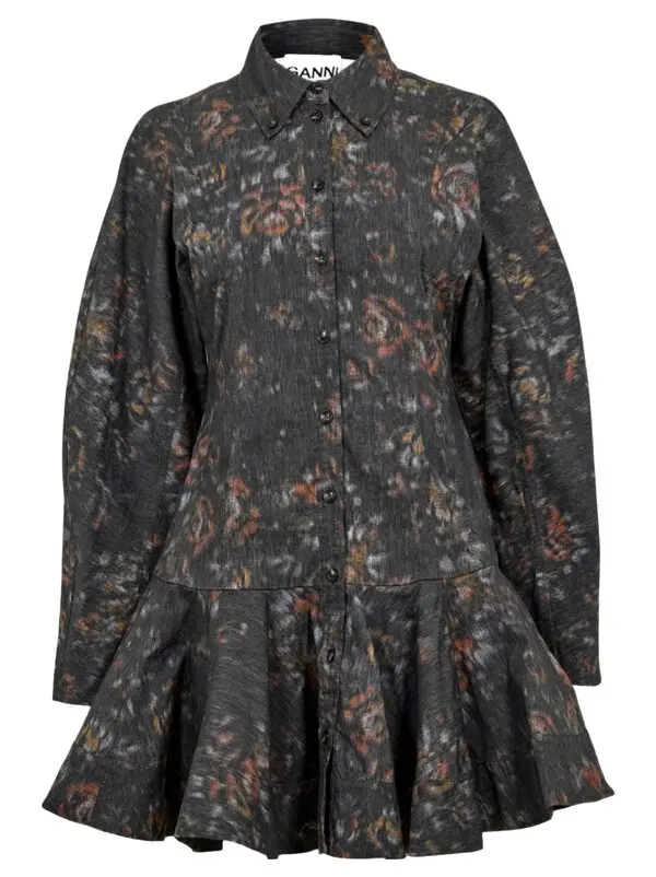 GANNI Printed Mini Dress With Lace Hem - Black