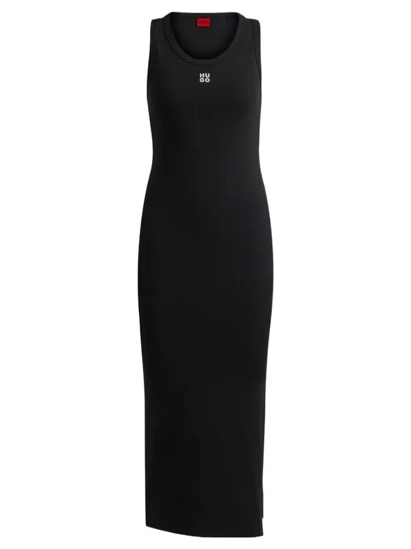 Hugo Boss Sleeveless Fitted Midi Dress With Side Slit And Logo Embellishment - Black