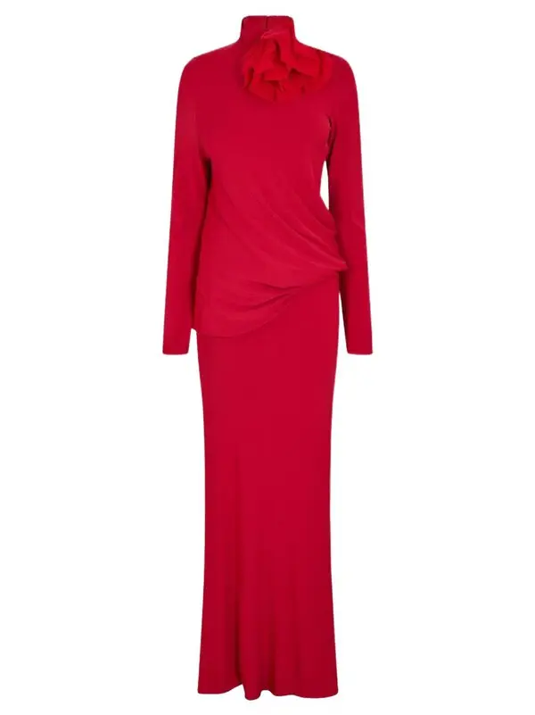 Magda Butrym Long Sleeve Draped Maxi Dress With Floral Neckline And Open Back - Red