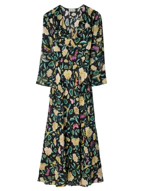 Rixo Cedar Printed Long Sleeve V-neck Dress - Black