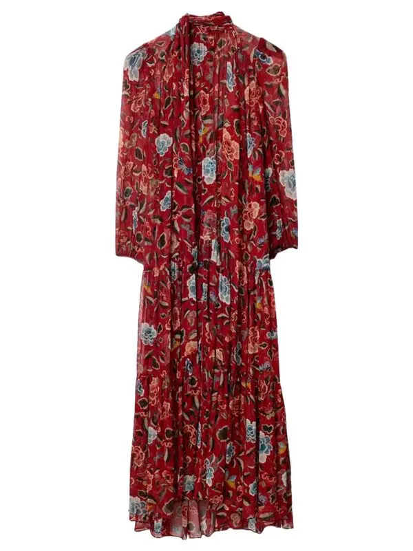 Rixo Adalind Printed Long Sleeve Tie-waist Maxi Dress - Red