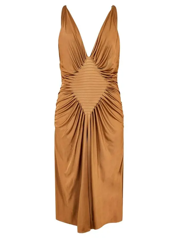 Versace Pleated V-neck Dress - Brown
