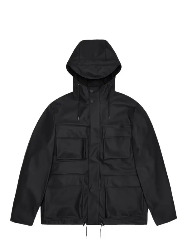 Rains Hooded Long-sleeved Raincoat With Snap Closure And Multiple Pockets - Black