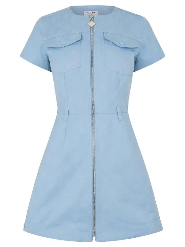 Casablanca Zipper Short Sleeve Dress - Blue