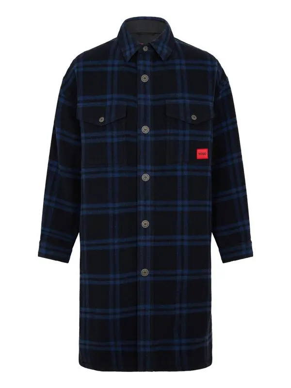 Hugo Boss Checked Long Sleeve Overcoat - Black