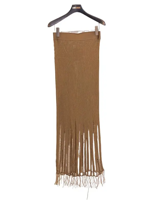 UMA WANG Ribbed Midi Dress With Fringe Hem - Brown