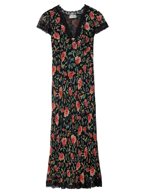 Rixo Floral Print Maxi Dress With Lace Trim - Black