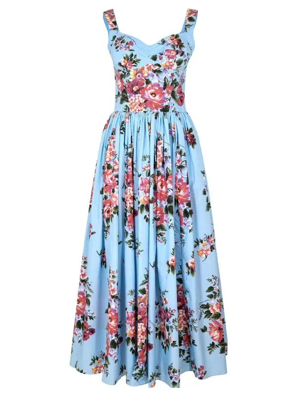 Dolce & Gabbana Floral Print Sweetheart Neckline Midi Dress - Blue
