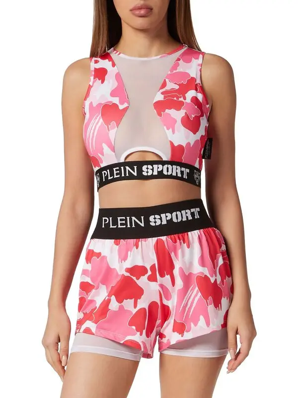 PLEIN SPORT Cropped Camouflage Print Top With Mesh Detail - Fuchsia