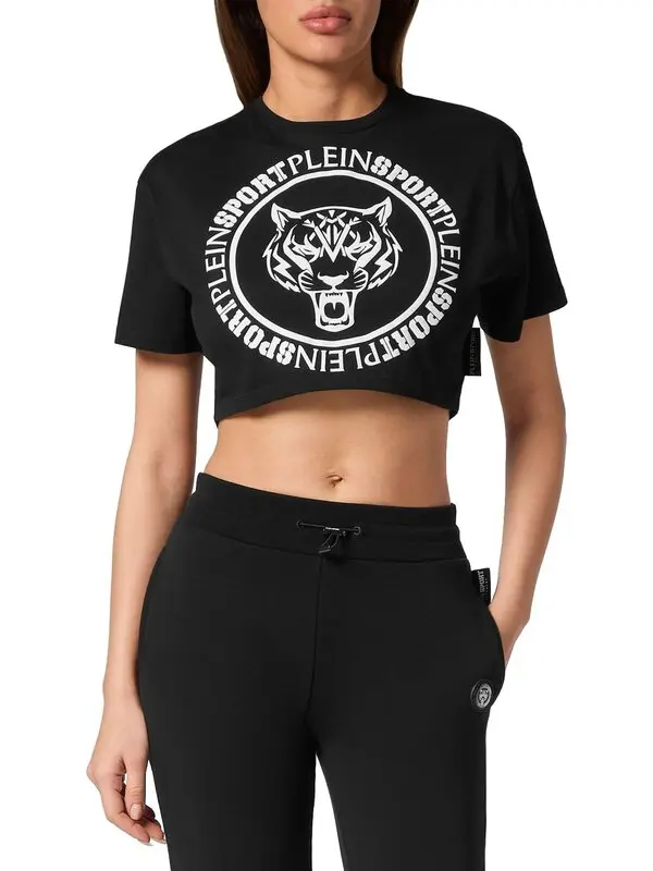 PLEIN SPORT Cropped T-shirt With Tiger Graphic - Black