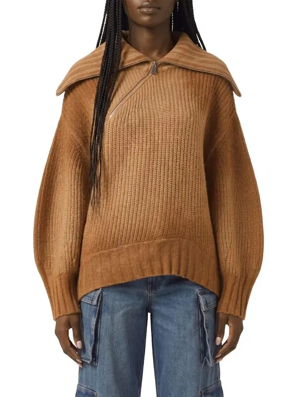 Attico Quarter Zip Ribbed Sweater - Brown