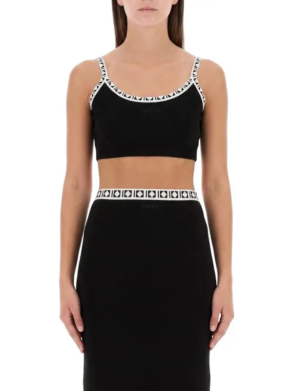 Versace Cropped Logo Trim Top - Black