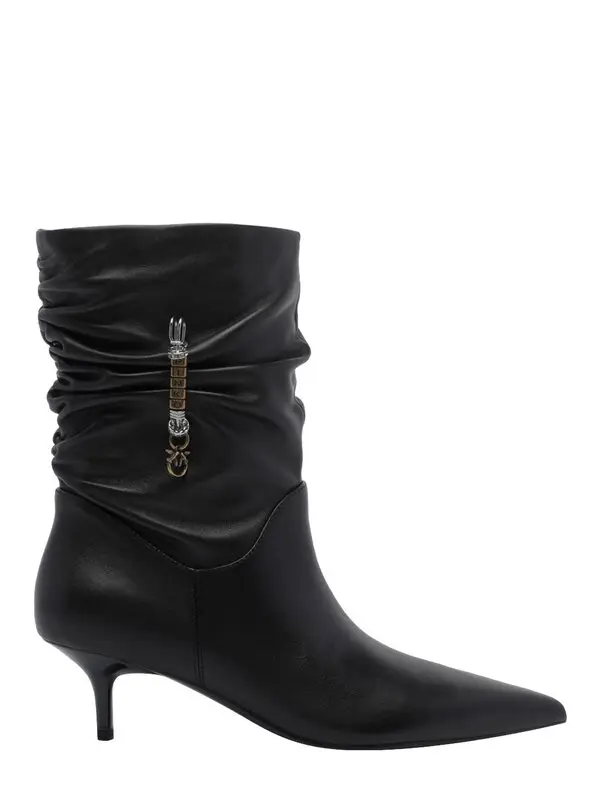 Pinko Ruched Leather Kitten Heel Boots - Black