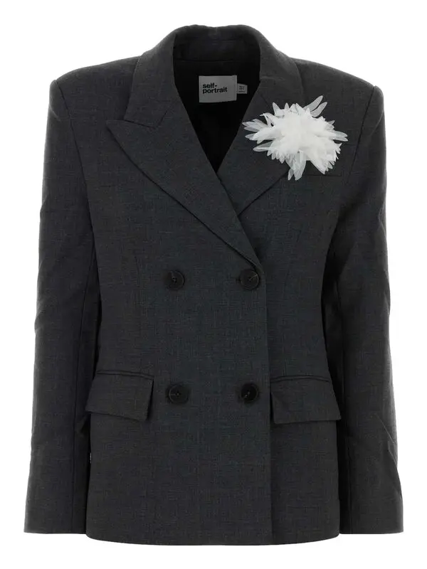 SELF-PORTRAIT Graphite Twill Double Breasted Oversized Blazer - Grey