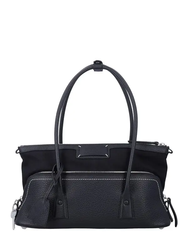 MAISON MARGIELA Embossed Grained Leather Handbag With Round Handles And Removable Strap - Nero