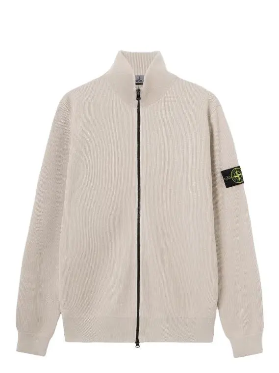 Stone Island Logo-patch Zip-front Ribbed-knit Cardigan - Sand