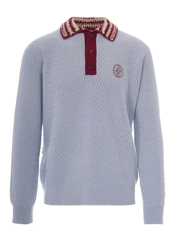 Drole De Monsieur Knit Long-sleeve Polo Sweater - Light Blue