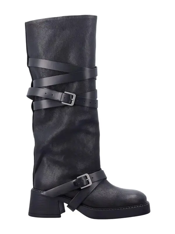 MIISTA Katarzyna Mini Leather Boots With Wraparound Buckle Straps - Nero