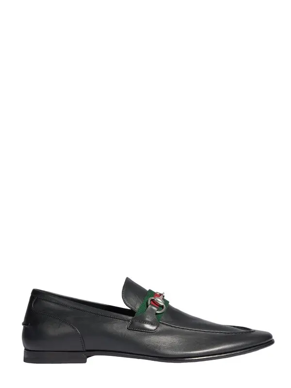 Gucci Palladium-toned Horsebit Web Round-toe Leather Flats - Nero