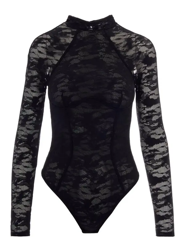 DIESEL® Long Sleeve Sheer Lace High Neck Bodysuit - Ebony