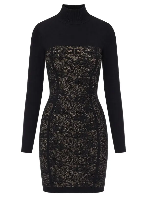 Elisabetta Franchi Long-sleeve Turtleneck Lace-panel Dress - Nero/pelle