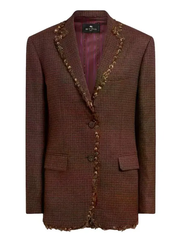 Etro Single-breasted Wool Jacket With Pheasant Feather Trim And Micro Houndstooth - Red