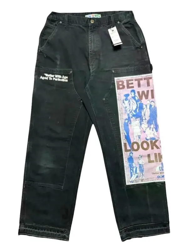 BETTER WITH AGE Graphic Print Patchwork Trousers - Black