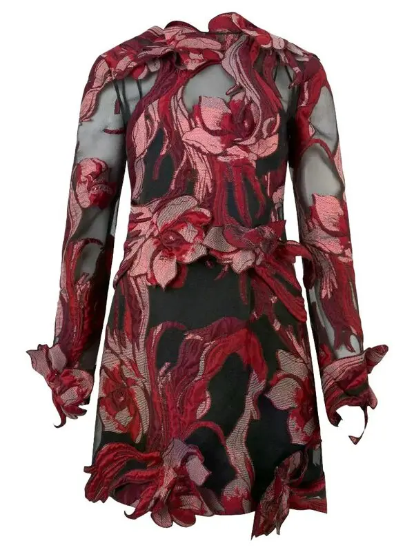 Alberta Ferretti Floral Pattern Long Sleeve Mini Dress - Black