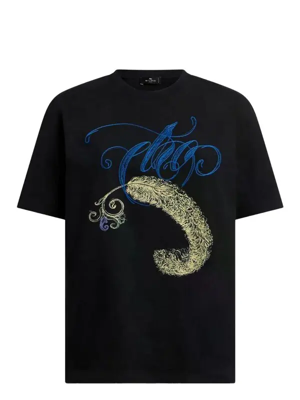 Etro Cotton T-shirt With Embroidered Logo And Feather Print - Black