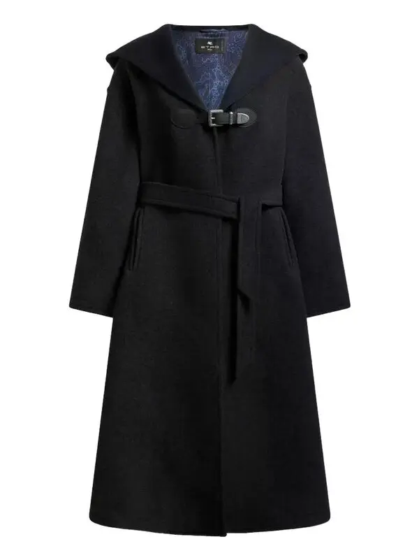 Etro Wool-blend Coat With Hood And Belt - Black