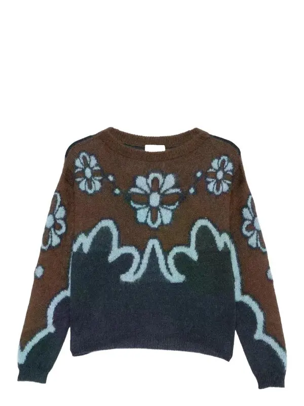 I BLUES Crew Neck Long Sleeve Sweater With Floral Motif - Blue