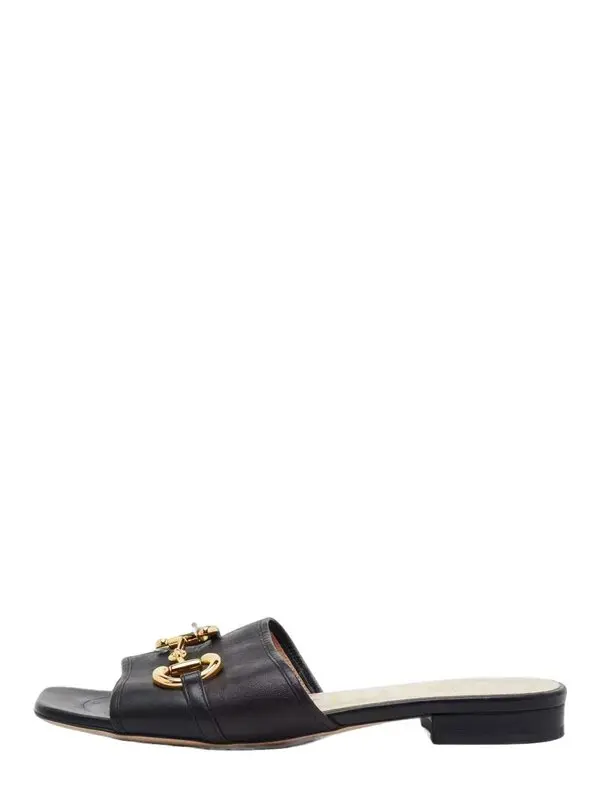 Gucci Horsebit Square Toe Flat Leather Sandals - Black