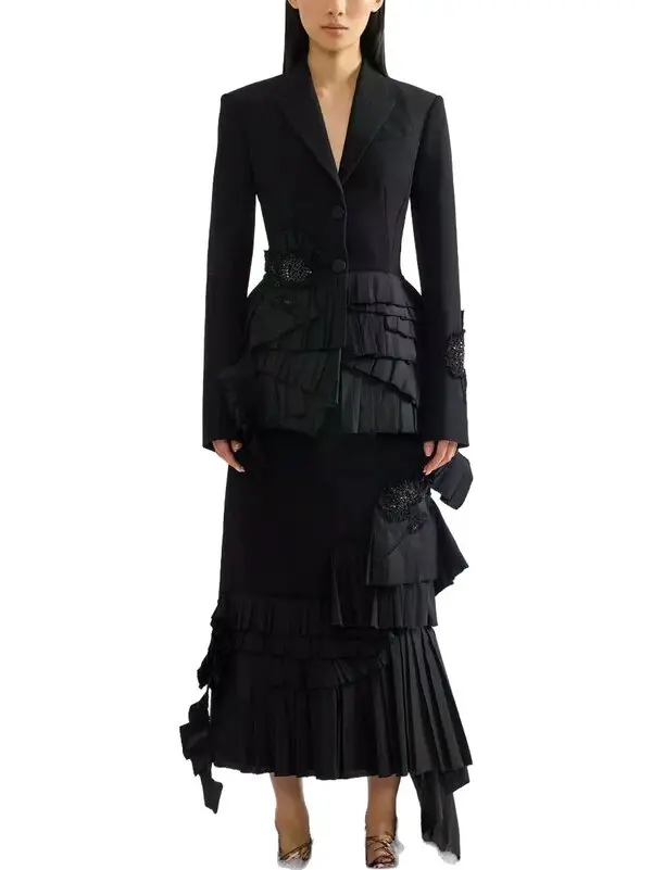 Erdem Embroidered Ruffled Blazer - Black