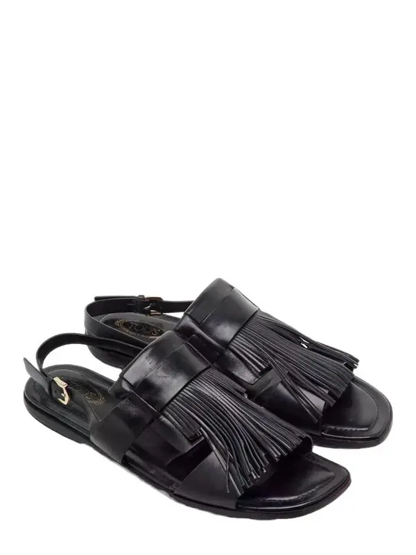 TOD'S Leather Fringe Slingback Sandals - Black