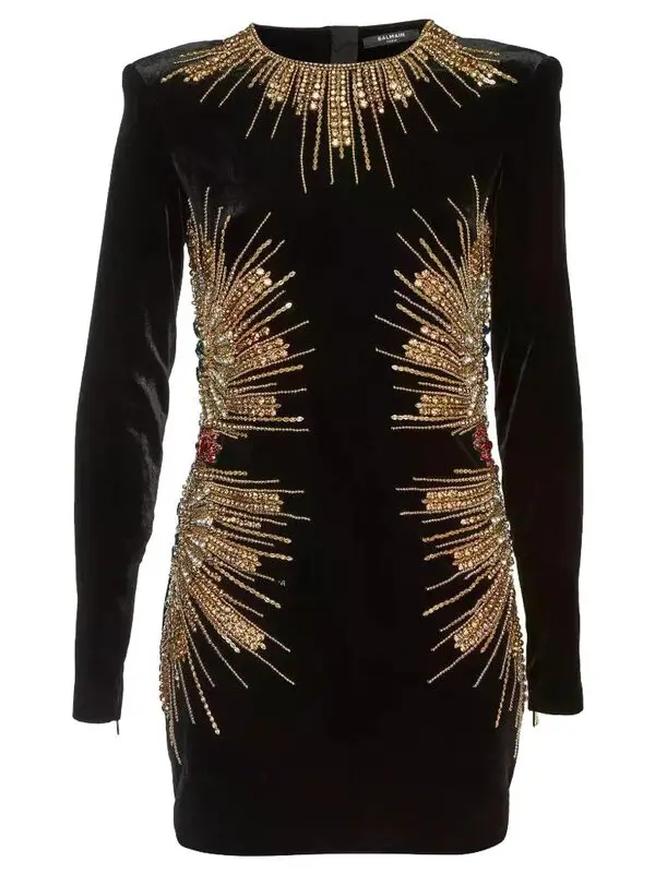 Balmain Embellished Velvet Mini Dress - Black